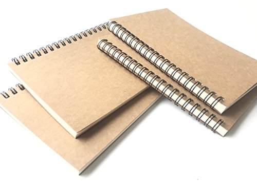 VEEPPO A5 Wirebound Notebooks Bulk Journals Spiral Steno Pads Blank/Lined Kraft Brown Cardboard Cover Thick Cream Writing Pad Sketchbook Scrapbook Album (Lined White---Pack of 4)