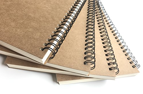 VEEPPO A5 Wirebound Notebooks Bulk Journals Spiral Steno Pads Blank/Lined Kraft Brown Cardboard Cover Thick Cream Writing Pad Sketchbook Scrapbook Album (Lined White---Pack of 4)