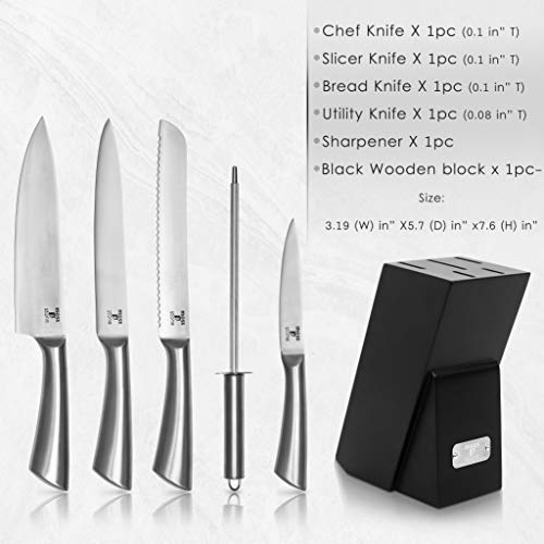 Professional Kitchen Knife Chef Set, Knife Set With Block, Kitchen Knife Set Stainless Steel Scratch Resistant And Rust Proof, Black Knife Block By Moss & Stone. (6 piece)