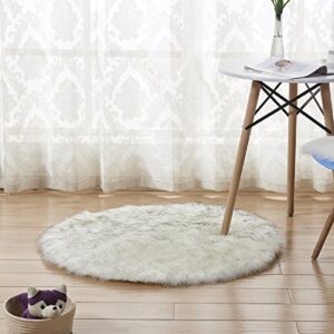 Round Mat Home Decor Faux Fur Sheepskin Rugs Kids Carpet Nursery Bedroom Fluffy Rug Shaggy Area Rug, Diameter 2ft White+Grey