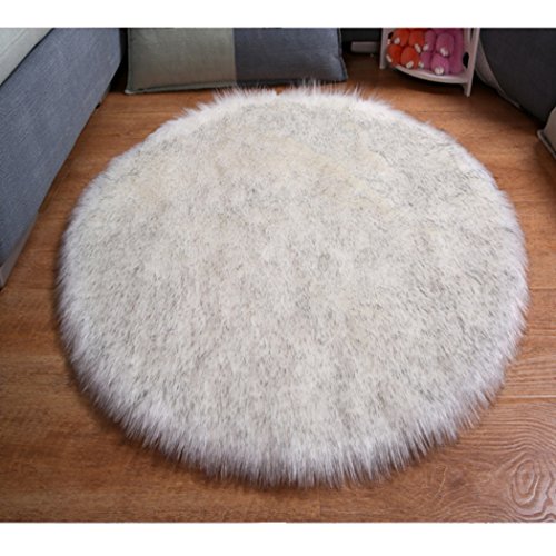 Round Mat Home Decor Faux Fur Sheepskin Rugs Kids Carpet Nursery Bedroom Fluffy Rug Shaggy Area Rug, Diameter 2ft White+Grey