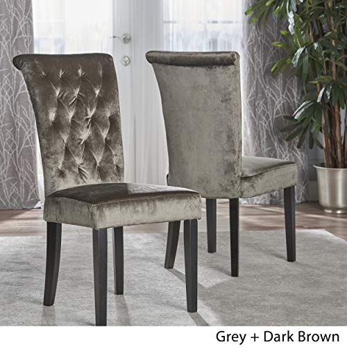 Christopher Knight Home Venetian Tufted Velvet Dining Chair, Grey / Dark Brown