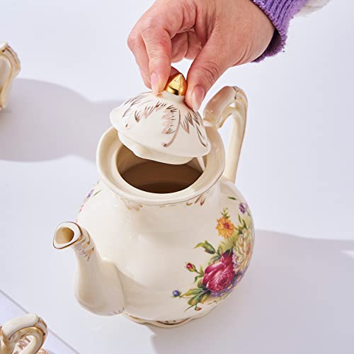 YOLIFE Tea Pot, Ivory Ceramic Vintage Teapot with Gold Leaves Edge Cute Gifts (Flowering Shrubs, 29oz)