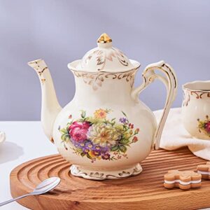 YOLIFE Tea Pot, Ivory Ceramic Vintage Teapot with Gold Leaves Edge Cute Gifts (Flowering Shrubs, 29oz)