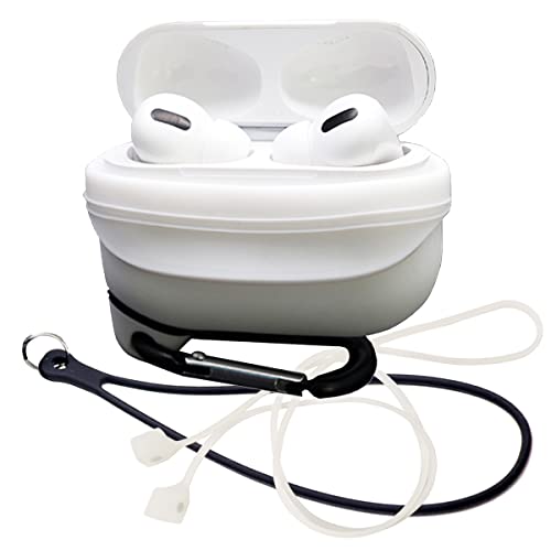 iCoolmate Waterproof Silicone Case for AirPods Pro 2 Cover with Headphone Earbud Anti-Lost Neck Strap and Carabiner and Silicone Hand Strap (White)