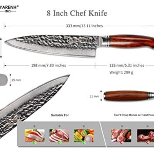 YARENH Chef Knife, 8 inch Professional Kitchen Knife,Sharp Damascus Stainless Steel Blade,73 Layers,High Carbon,Full Tang,Dalbergia Wood Handle,Gift Box Packaging,HTT-Series