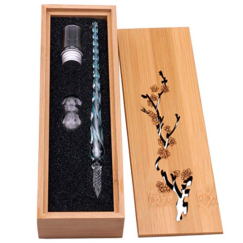 Glass Dip Pen Set Vintage Handmade Glass Signature Pen Elegant Crystal Dip Pen Sign Gift Pen (Light Blue)