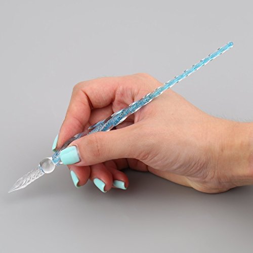 Glass Dip Pen Set Vintage Handmade Glass Signature Pen Elegant Crystal Dip Pen Sign Gift Pen (Light Blue)