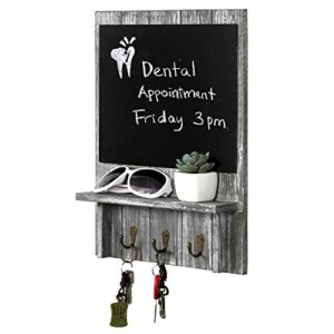 mygift wall mounted rustic gray wood entryway key holder organizer rack with chalkboard, storage display shelf and 3 hooks