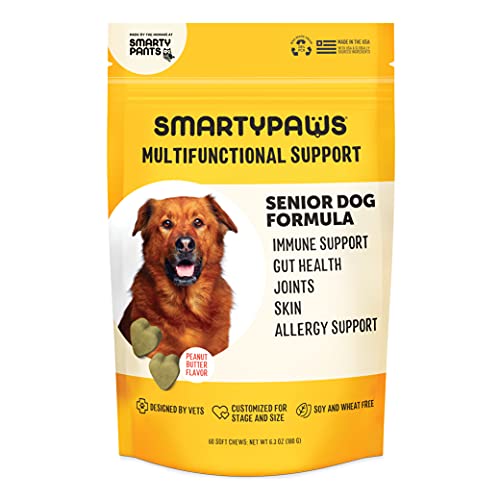 SmartyPants Dog Vitamins and Supplements, Senior Formula: Multivitamin with Glucosamine, Chondroitin, & Probiotics for Joint, Skin, & Gut Support, Peanut Butter Flavor, 60 Soft Chews by SmartyPaws