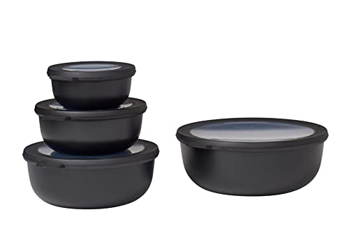 Mepal, Cirqula Set of 4 Multi Food Storage and Serving Bowls with Lids, Food Prep Containers, Shallow, Nordic Black, 1 each (12oz, 25oz, 42oz, 76oz), 1 Set