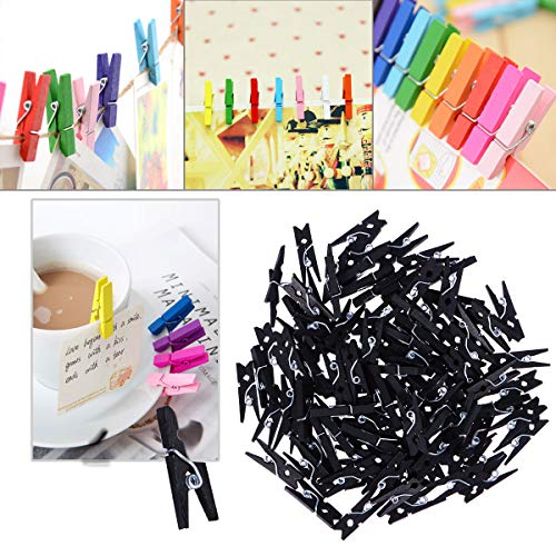 VORCOOL 100pcs Mini Wooden Pegs Photo Paper Craft Clips Laundry Clothespins Black