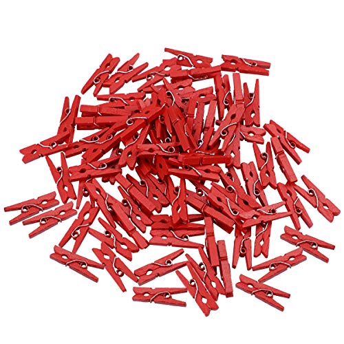 VORCOOL 100pcs Mini Wooden Pegs Photo Paper Craft Clips Laundry Clothespins Red