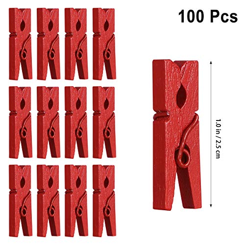 VORCOOL 100pcs Mini Wooden Pegs Photo Paper Craft Clips Laundry Clothespins Red