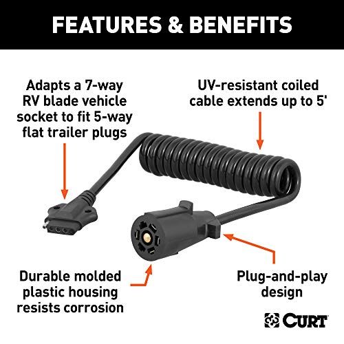 CURT 57281 5-Foot 7-Way RV Blade Vehicle-Side to 5-Way Flat Trailer Wiring Adapter Extension Harness