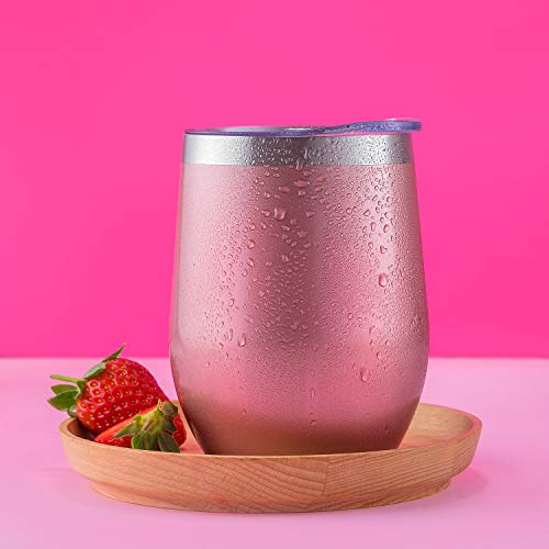 CHILLOUT LIFE 12 oz Stainless Steel Tumbler with Lid & Gift Box | Wine Tumbler Double Wall Vacuum Insulated Travel Tumbler Cup for Coffee, Wine, Cocktails, Ice Cream - Rose Gold Tumbler