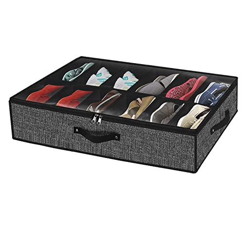 Under Bed Shoe Storage Organizer Fits 12 Pairs- Underbed Shoe Container Solution Shoes Box Bins with Clear Window for Sneakers,High Heels,Flip Flop(Black)