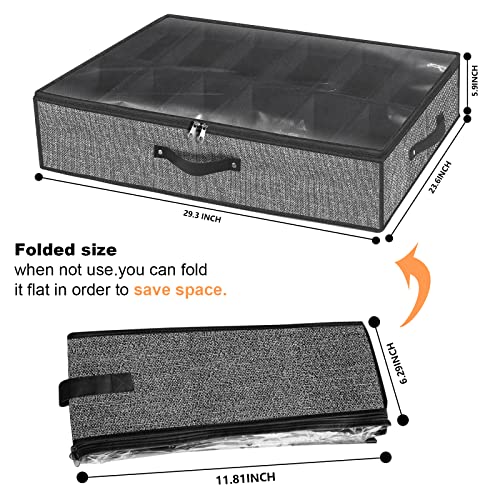 Under Bed Shoe Storage Organizer Fits 12 Pairs- Underbed Shoe Container Solution Shoes Box Bins with Clear Window for Sneakers,High Heels,Flip Flop(Black)