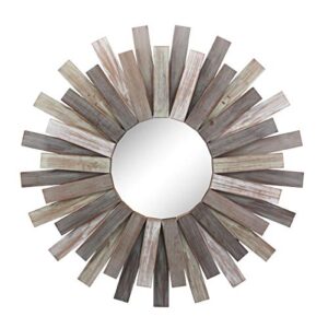 stonebriar large round 32" wooden sunburst wall mirror with attached hanging bracket, decorative rustic decor for the living room, bathroom, bedroom, and entryway