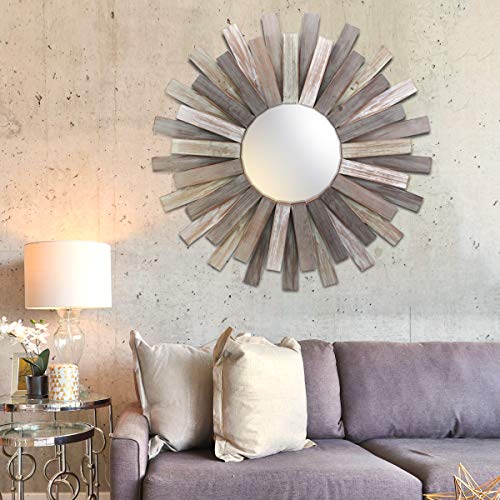 Stonebriar Large Round 32" Wooden Sunburst Wall Mirror with Attached Hanging Bracket, Decorative Rustic Decor for the Living Room, Bathroom, Bedroom, and Entryway