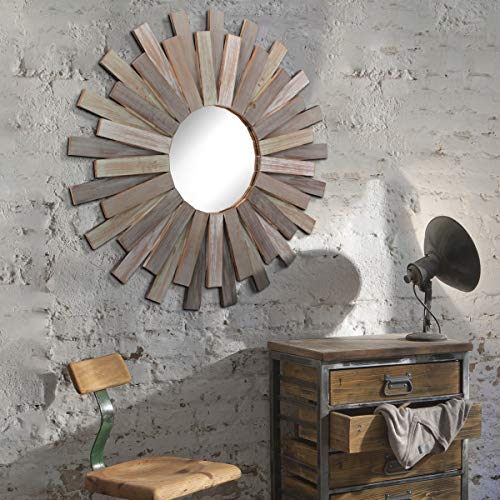 Stonebriar Large Round 32" Wooden Sunburst Wall Mirror with Attached Hanging Bracket, Decorative Rustic Decor for the Living Room, Bathroom, Bedroom, and Entryway