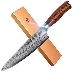 tuo damascus chef's knife - kitchen knives - japanese aus10 hc 67 layers steel with dragon pattern - ergonomic pakkawood handle - 8" - fiery phoenix series including gift box