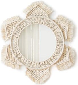 mkono hanging wall mirror with macrame fringe round boho mirror art decor for apartment living room bedroom baby nursery dorm entryways, ivory