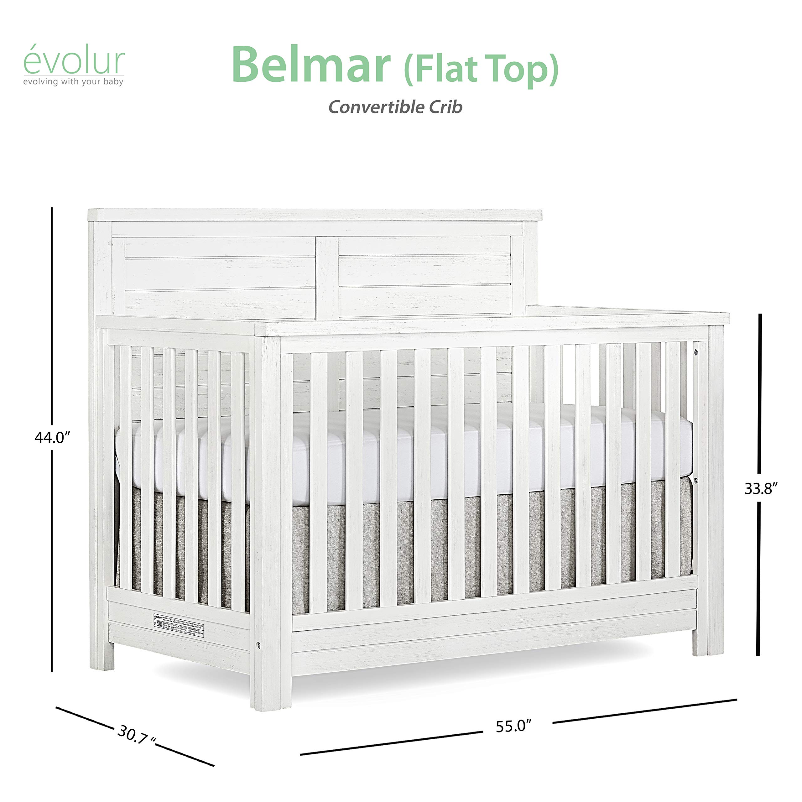 Evolur Belmar Flat 5-in-1 Convertible Crib in Weathered White, Features 3 Mattress Height Settings, Greenguard Gold Certified, Made of Kiln-Dried Hardwood