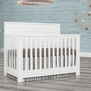 Evolur Belmar Flat 5-in-1 Convertible Crib in Weathered White, Features 3 Mattress Height Settings, Greenguard Gold Certified, Made of Kiln-Dried Hardwood