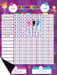 magnetic reward behavior star chore chart for one or two kids 17 x 13 includes: 3 color dry erase markers pink, blue, & black, flexible chart with full magnet backing for fridge teaches responsibility