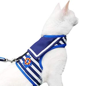 Yizhi Miaow Cat Harness and Leash for Walking Escape Proof, Adjustable Cat Vest Harness, Padded Stylish Cat Walking Jackets, Sailor Suit Navy, X-Small