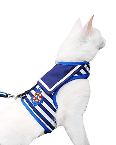 Yizhi Miaow Cat Harness and Leash for Walking Escape Proof, Adjustable Cat Vest Harness, Padded Stylish Cat Walking Jackets, Sailor Suit Navy, X-Small