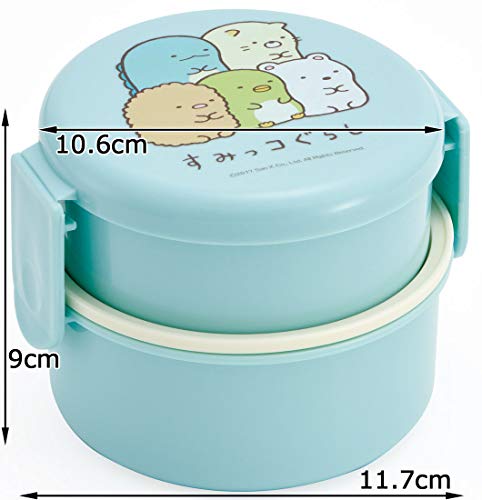 Skater Sumikkogurashi 2 Tier Round Bento Lunch Box with Folk (17oz) - Authentic Japanese Design - Microwave Safe - Blue