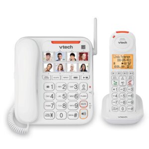 vtech sn5147 amplified corded/cordless senior phone with answering machine, call blocking, 90db extra-loud visual ringer, one-touch audio assist on handset up to 50db, white