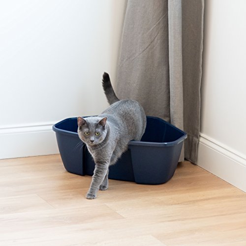 IRIS USA Large Open Top Corner Cat Litter Tray with Scoop, Sturdy Comfortable Easy to Clean Open Air Kitty Rabbit Litter Pan with Tall Walls, Navy