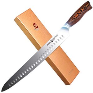 tuo slicing knife 12 inch - granton carving knives hollow ground meat cutting knife kitchen long slicer & carver - hc german stainless steel pakkawood handle - gift box included - fiery series