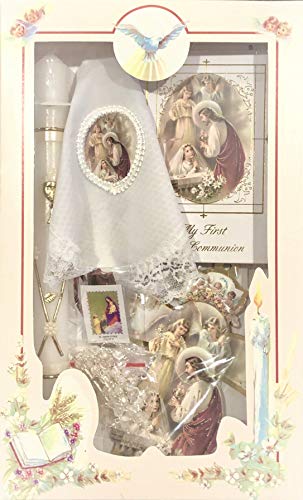 New Girls First Holy Communion Complete Candle Gift 6 Pc Set Cross Keepsake in English Rosary Boxed