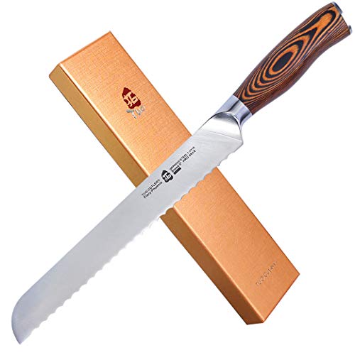 TUO Bread Knife- Razor Sharp Serrated Slicing Knife - High Carbon German Stainless Steel Kitchen Cutlery - Pakkawood Handle - Luxurious Gift Box Included - 9 inch - Fiery Phoenix Series