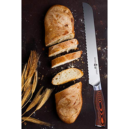 TUO Bread Knife- Razor Sharp Serrated Slicing Knife - High Carbon German Stainless Steel Kitchen Cutlery - Pakkawood Handle - Luxurious Gift Box Included - 9 inch - Fiery Phoenix Series