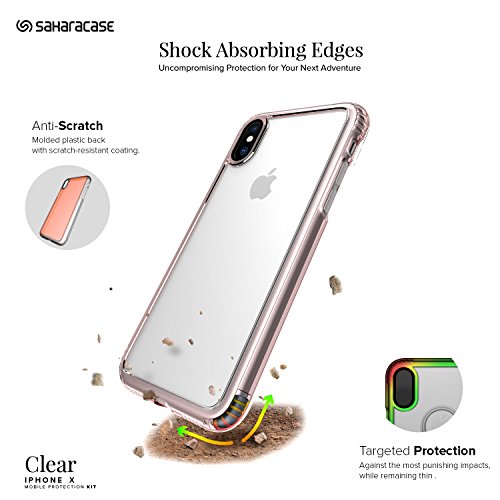 iPhone X/XS Case, SaharaCase Protective Kit Bundle + ZeroDamage Tempered Glass Screen Protector Rugged Protection Anti-Slip Grip Shockproof Bumper Anti-Scratch Back Slim Fit - Clear Rose Gold