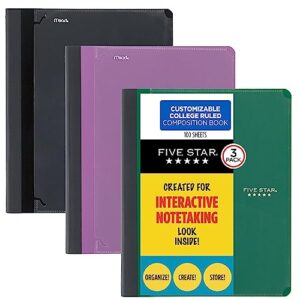 five star interactive notetaking composition books, 3 pack, 1-subject, college ruled paper, 11" x 8-1/2", 100 sheets, black, amethyst purple and forest green (38611)