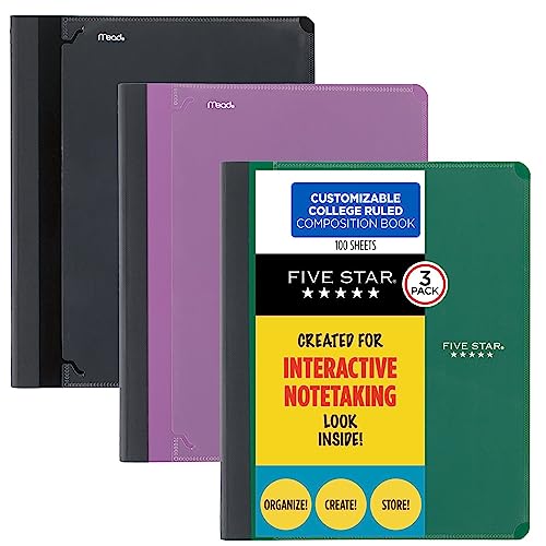 Five Star Interactive Notetaking Composition Books, 3 Pack, 1-Subject, College Ruled Paper, 11" x 8-1/2", 100 Sheets, Black, Amethyst Purple and Forest Green (38611)