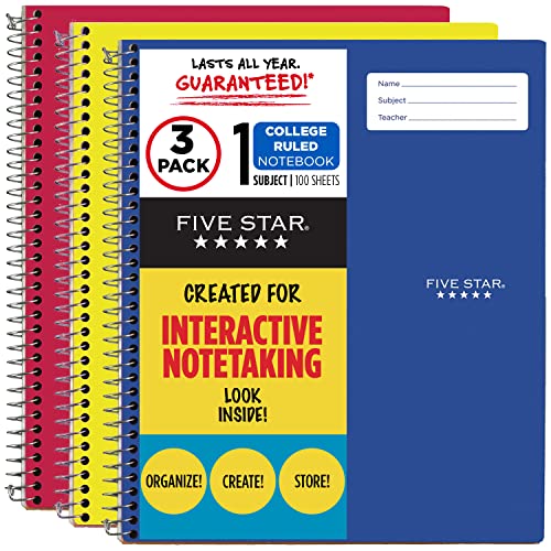 Five Star Interactive Notetaking, 1 Subject, College Ruled Spiral Notebooks, 100 Sheets, 11" x 8-1/2", 3 Pack (38581)