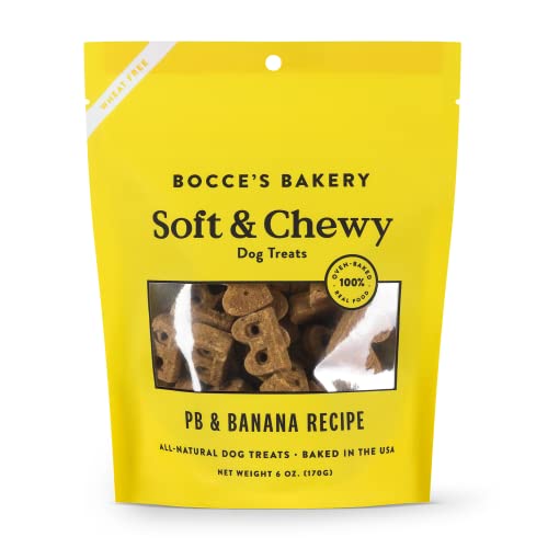 Bocce’s Bakery Oven Baked PB & Banana Recipe Treats for Dogs, Wheat-Free Everyday Dog Treats, Real Ingredients, Baked in The USA, All-Natural Soft & Chewy Cookies, Peanut Butter & Banana, 6 oz