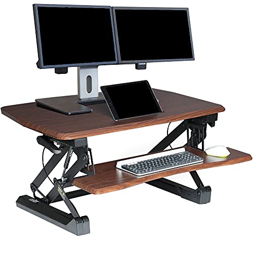 Seville Classics AIRLIFT 36" Gas-Spring Height Adjustable Standing Desk Converter Workstation Ergonomic Dual Monitor Riser with Keyboard Tray and Phone/Tablet Holder, Walnut