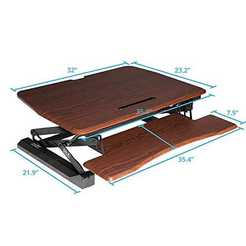 Seville Classics AIRLIFT 36" Gas-Spring Height Adjustable Standing Desk Converter Workstation Ergonomic Dual Monitor Riser with Keyboard Tray and Phone/Tablet Holder, Walnut