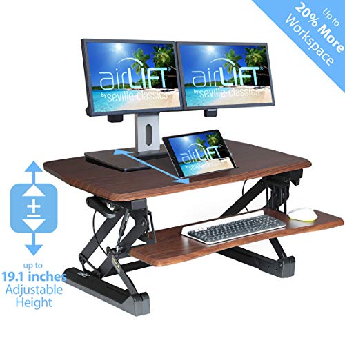 Seville Classics AIRLIFT 36" Gas-Spring Height Adjustable Standing Desk Converter Workstation Ergonomic Dual Monitor Riser with Keyboard Tray and Phone/Tablet Holder, Walnut