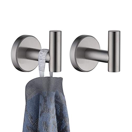 JQK Bathroom Towel Hook Brushed, Coat Robe Clothes Bath Wall Hooks for Kitchen Garage SUS 304 Stainless Steel Thick 0.8mm, 2 Pack Brushed Steel, TH100-BN-P2