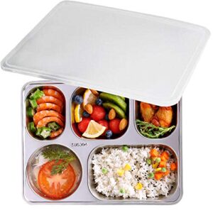 aiyoo 304 stainless steel divided plates with lid for adults divided dinner tray 5 sections bento lunch box divided food containers