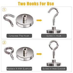 GREATMAG Magnetic Hooks, 160 lbs Heavy Duty Magnet Hooks with Extra 6 Eyebolt Hooks, Neodymium Magnet Hook for Hanging, Cruise Cabins, Kitchen, Pack of 6